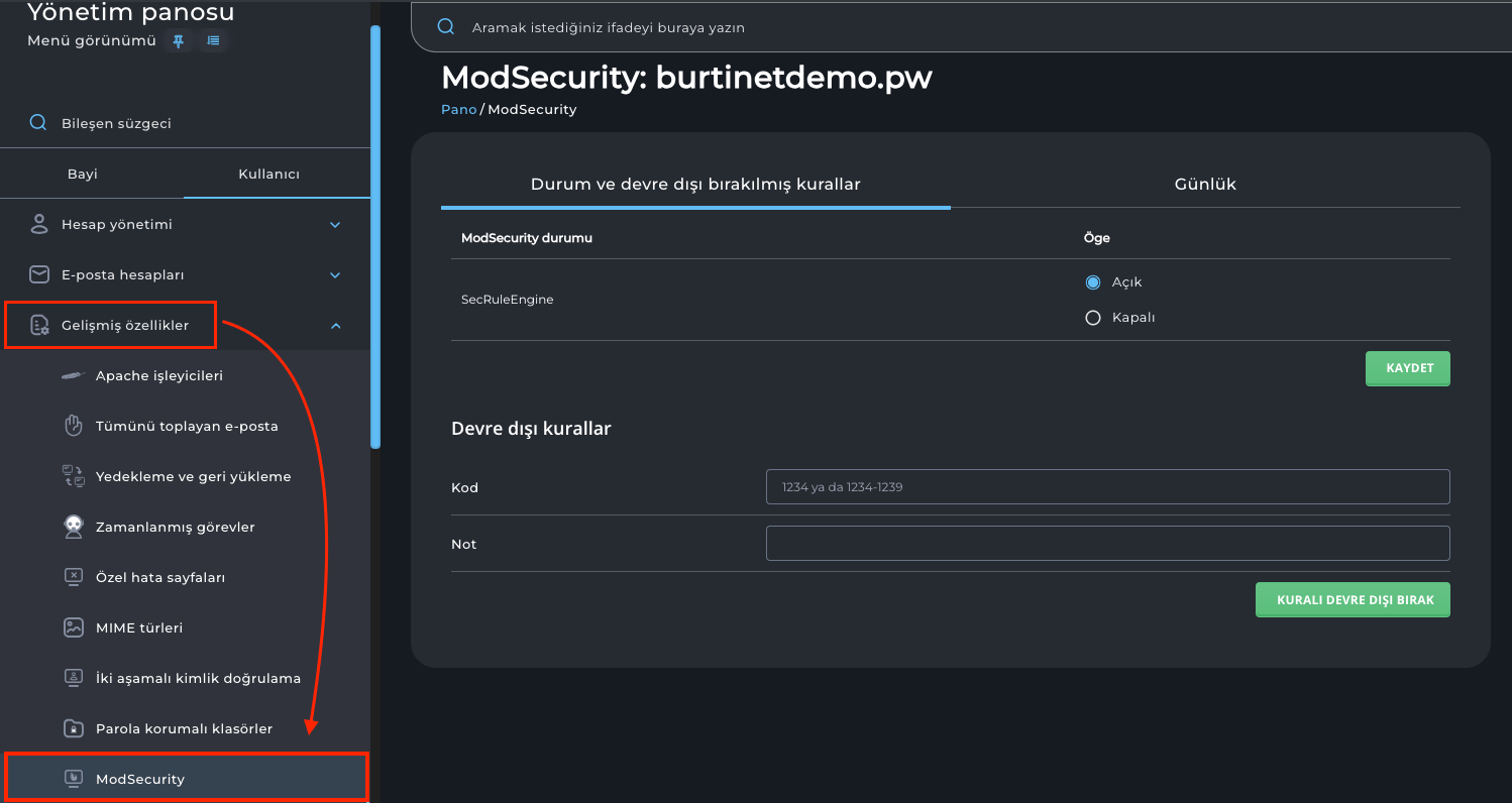 DirectAdmin ModSecurity Kapatma - BurtiNET